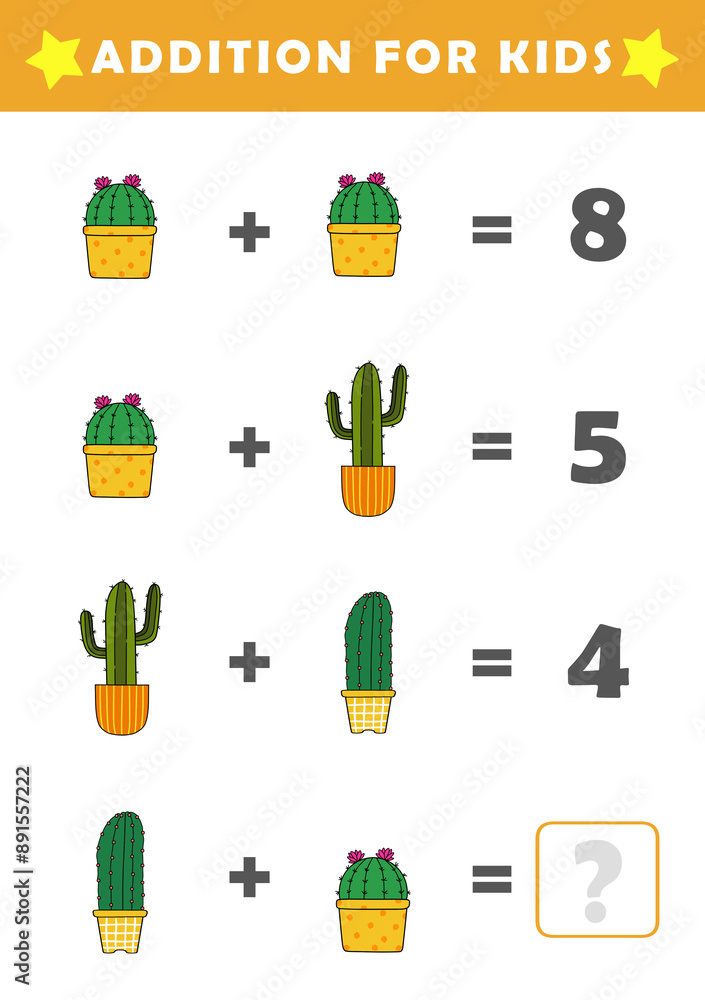 Fun Math Logic Puzzles for Kids. Math Game with Cute Cactus Pictures ...