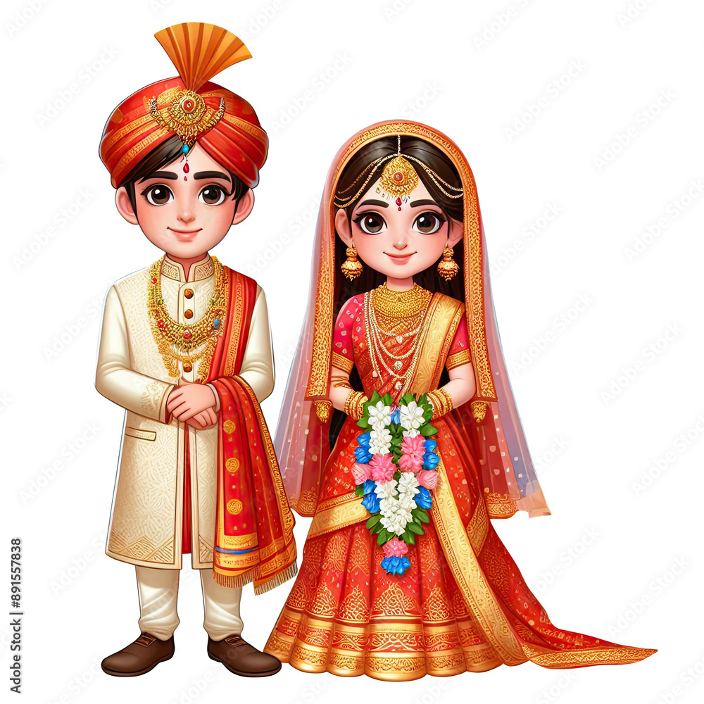2D cartoon illustration of Indian Bride and groom in traditional ...