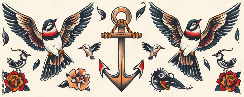 Traditional Tattoo Flash Birds, Anchor, and Roses, traditional tattoo ...
