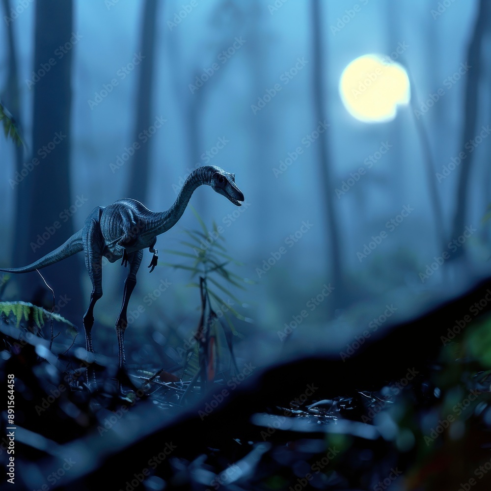 Troodon in a nighttime forest with moonlight, eerie and realistic ...