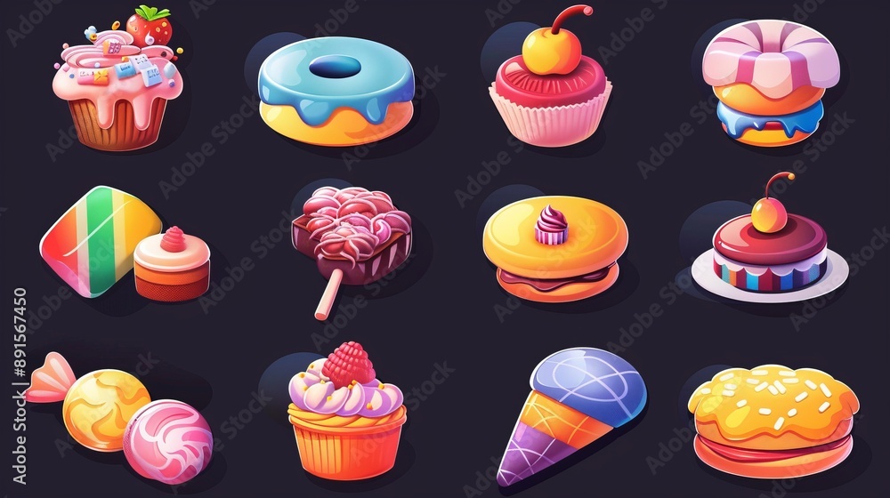 Game icons featuring cakes, sweets, and desserts. Cartoon 2D UI graphic ...