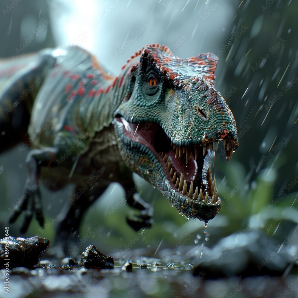 Herrerasaurus hunting in a rain-drenched forest, dynamic and realistic ...