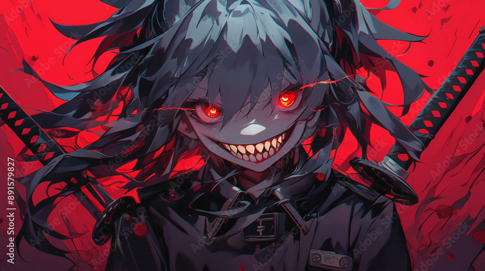 Sinister Girl in Anime Style with Malicious Smile, Fanged White Teeth ...