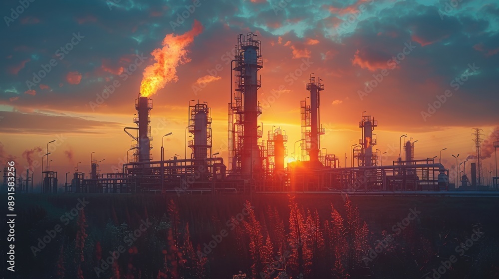 Sleek design of a gas plant with flare stacks and pipelines, showcasing ...