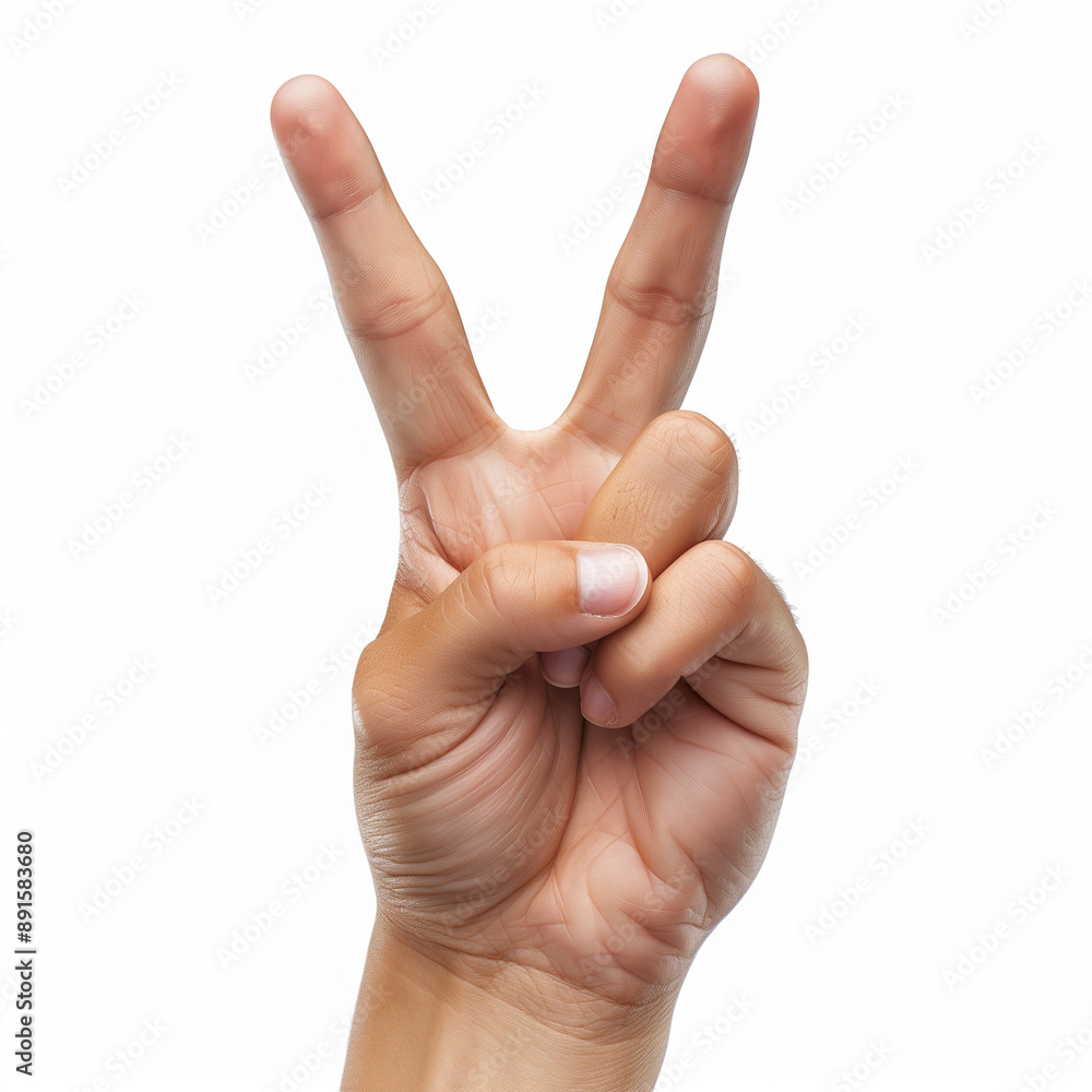 Human hand, fingers folded in a victory gesture with the index and ...