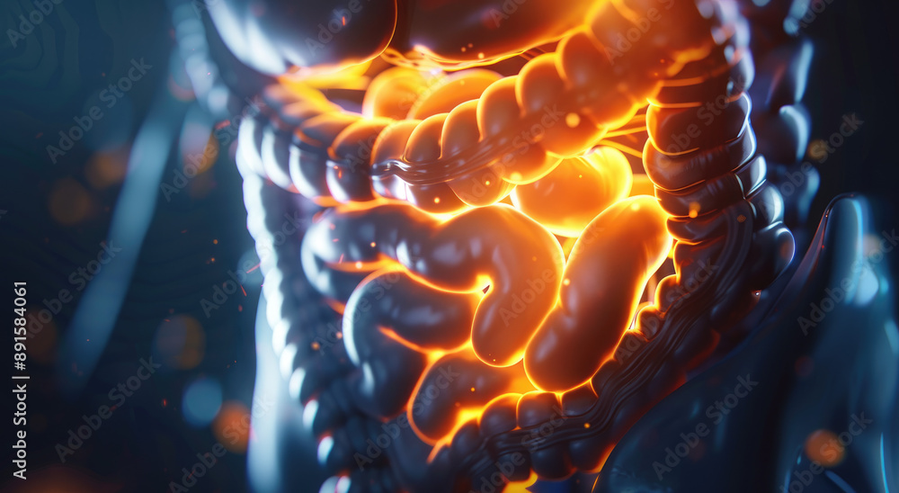 3d rendering of human large intensity, the stomach and small Intestine ...