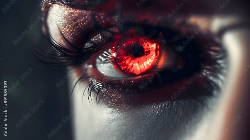 Demonic fiery red eyes, symbolizing evil, destruction, and chaos, human ...