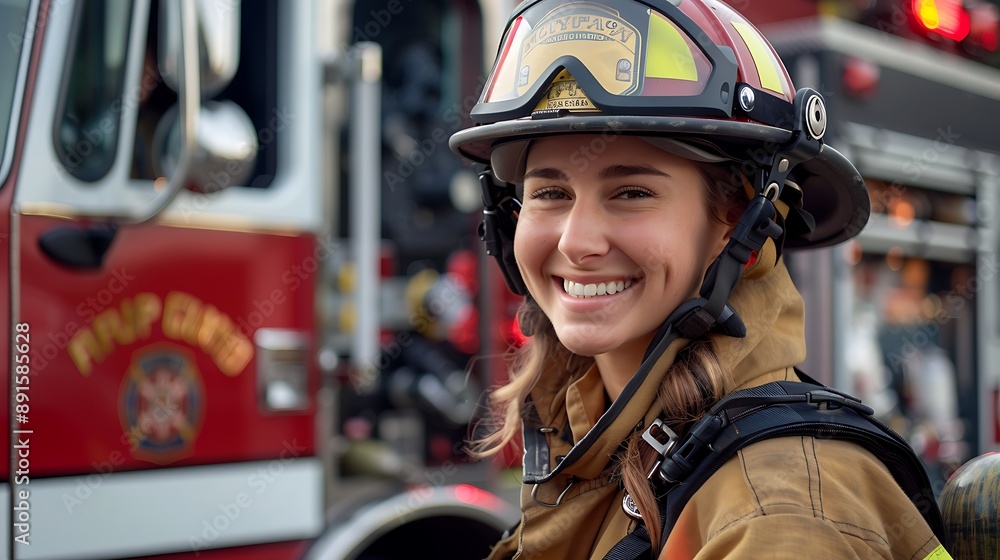 Heroic female firefighter in full suit grins at the camera with fire ...