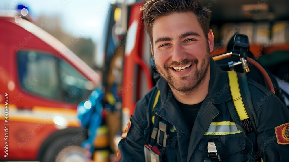 Confident male paramedic wearing an emergency medical uniform with an ...