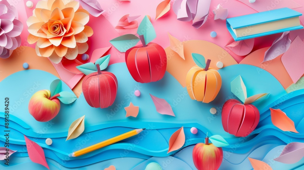 bulletin board decorated with colorful paper cutouts of pencils, apples ...
