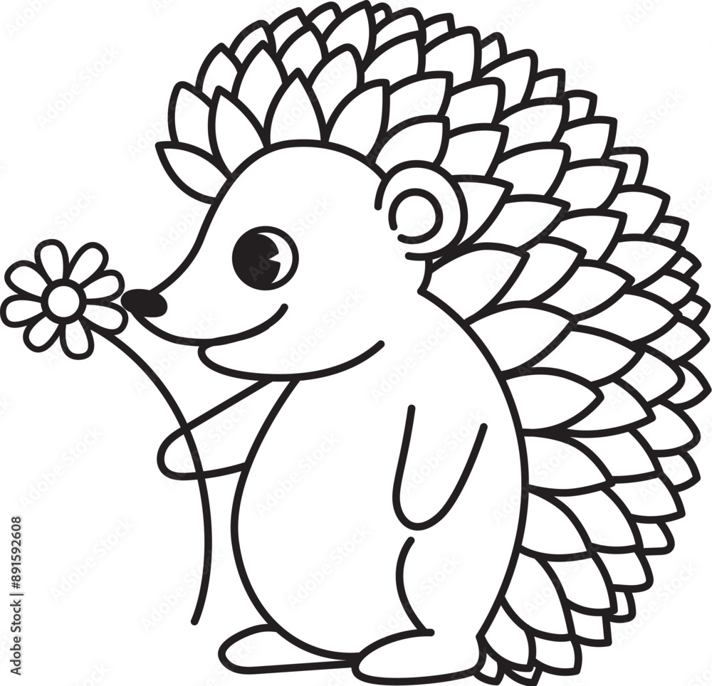 Bold line drawing cute baby hedgehog holding flower with editable ...