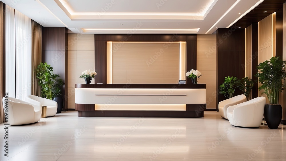 Interior of luxury hotel lobby zone with reception desk and relax zone ...