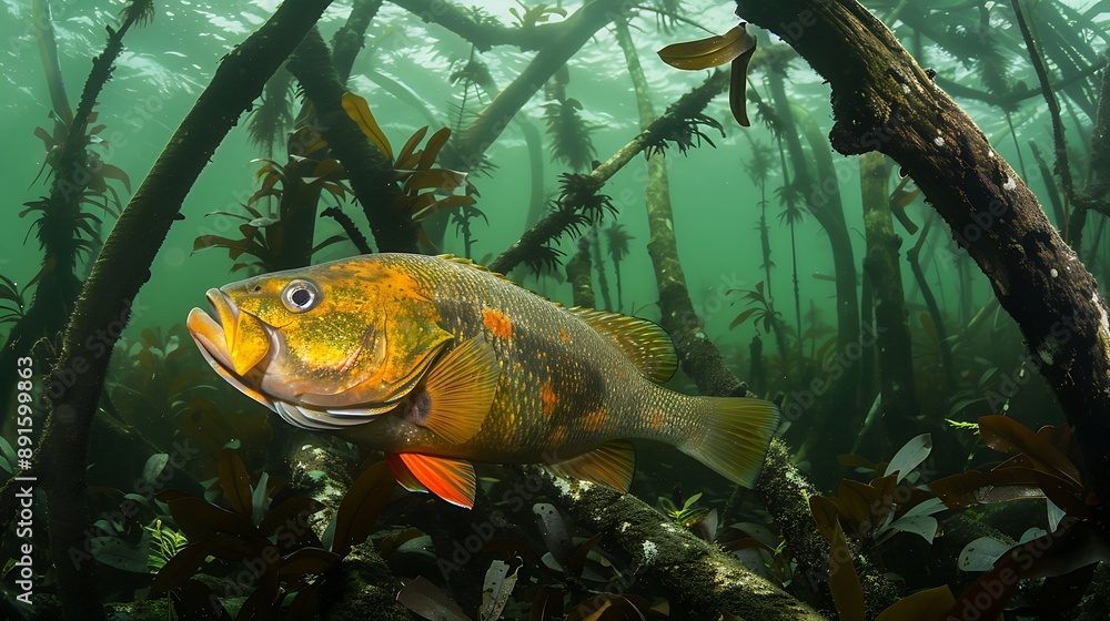 Foto de Amazonian Peacock Bass Cichla ocellaris swimming through the waters of the Amazon River ...
