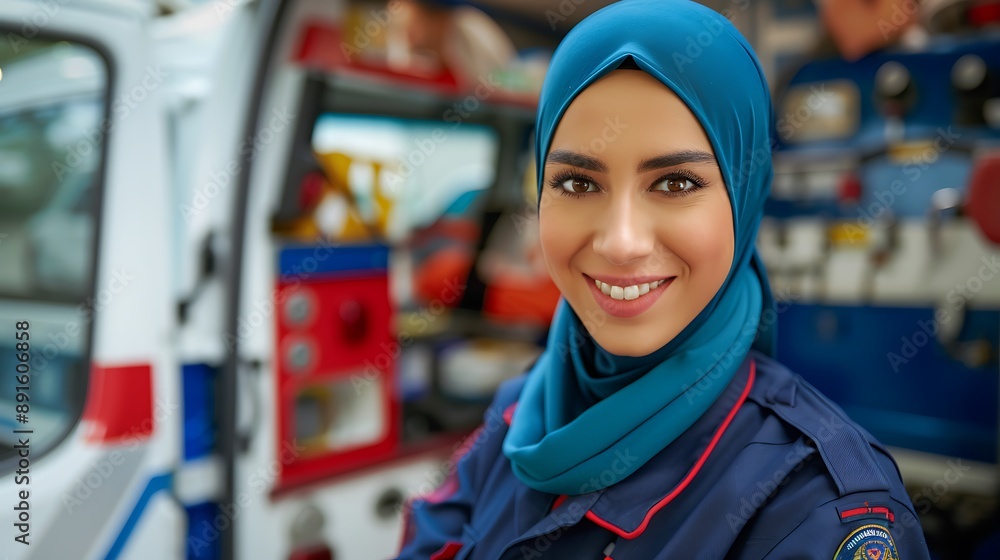 Female paramedic in hijab wearing an emergency medical uniform poses ...