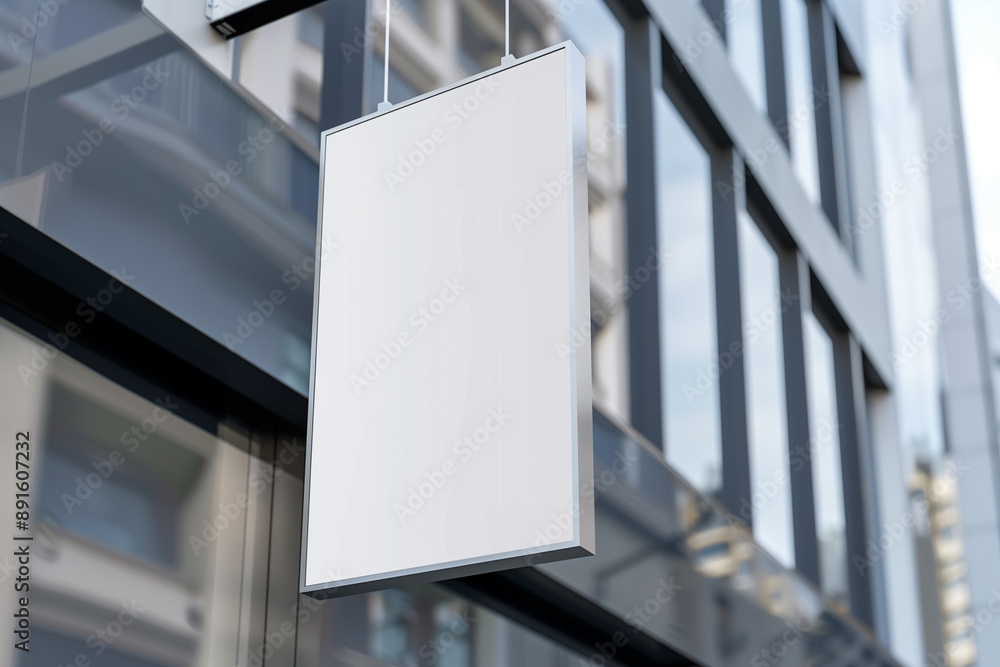 White blank sign as a mockup hanging from the side of an elegant and ...