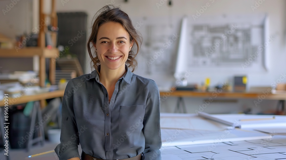 Professional female architect in casual wear smiles at the camera with ...