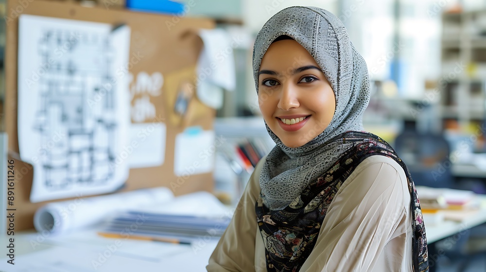 Architect wearing hijab in casual clothes smiles while working at a ...