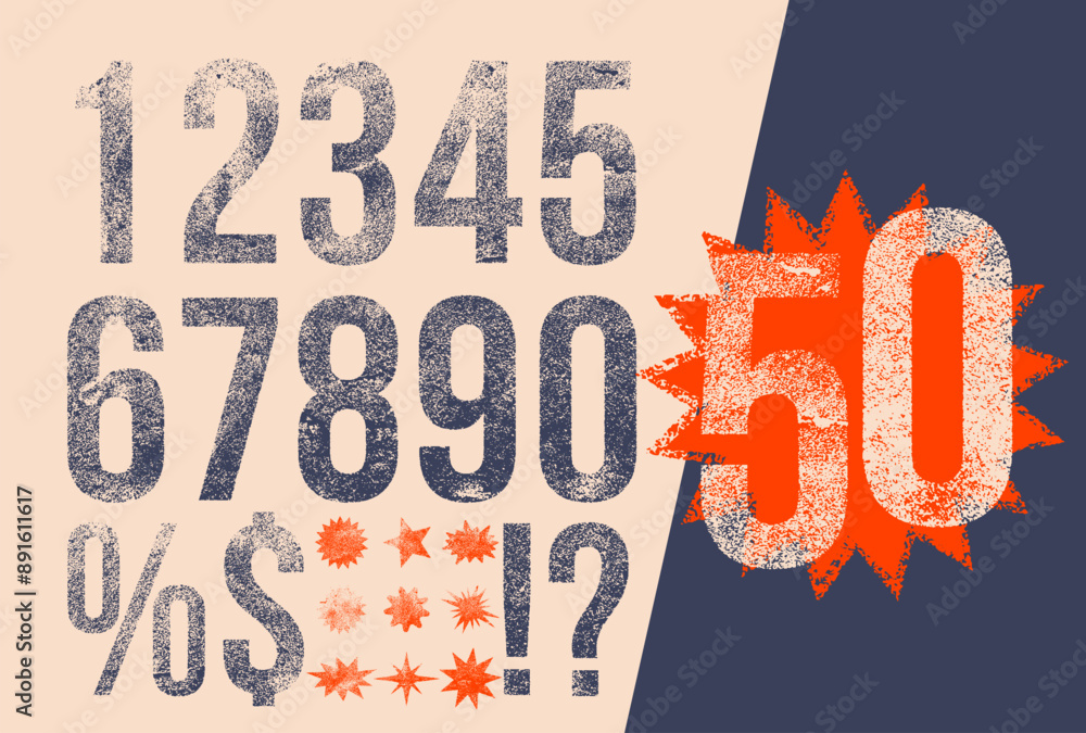 Set of black retro numerals with letterpress effect. Numbers ...