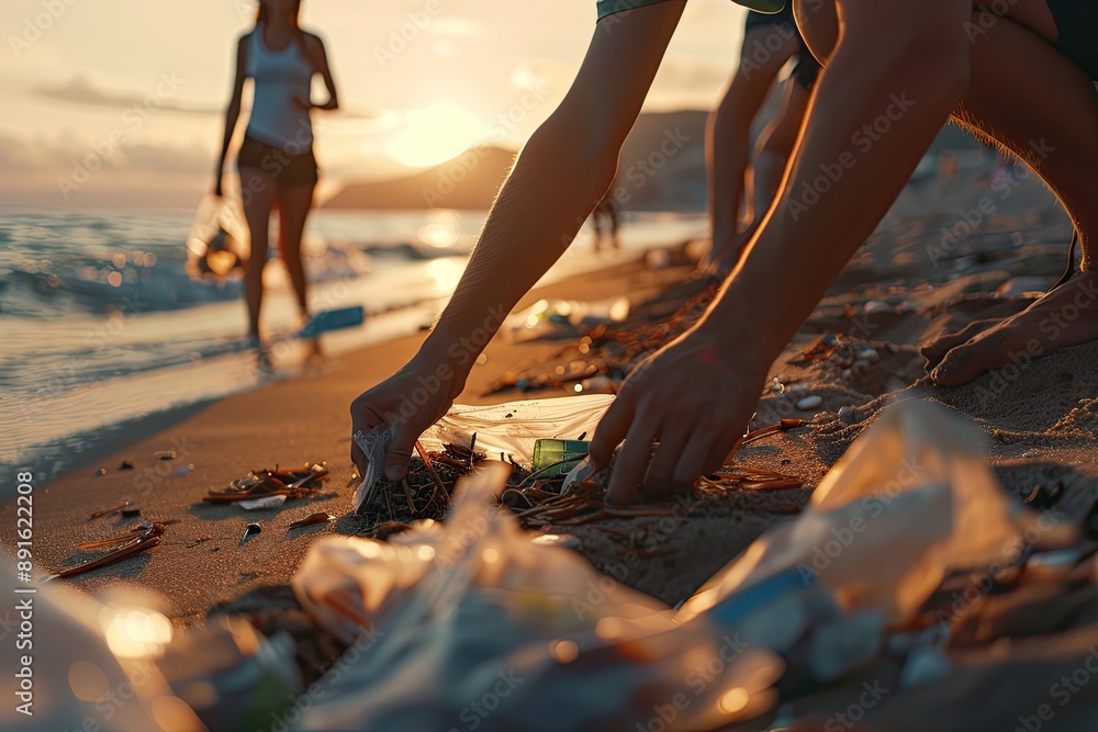 Volunteers collecting trash and plastic waste on a beach during sunrise ...