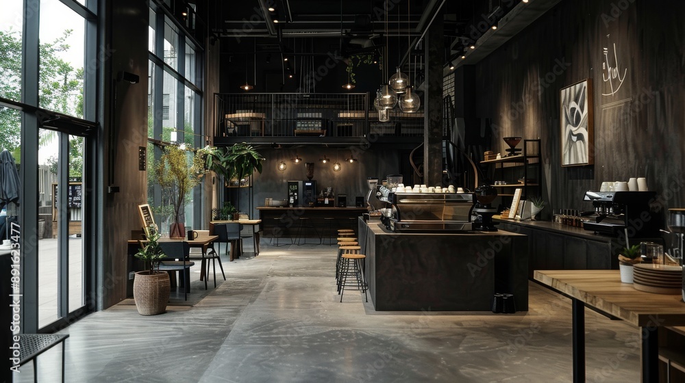 Inside a chic cafe designed in loft style, dark color palette enhancing ...