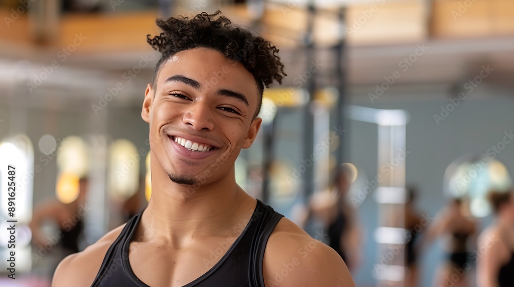 A male dancer wearing professional dance attire smiles confidently at ...