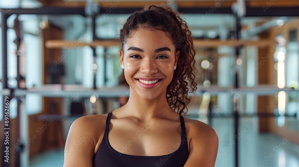 Confident female dancer in professional dance attire smiling with a ...