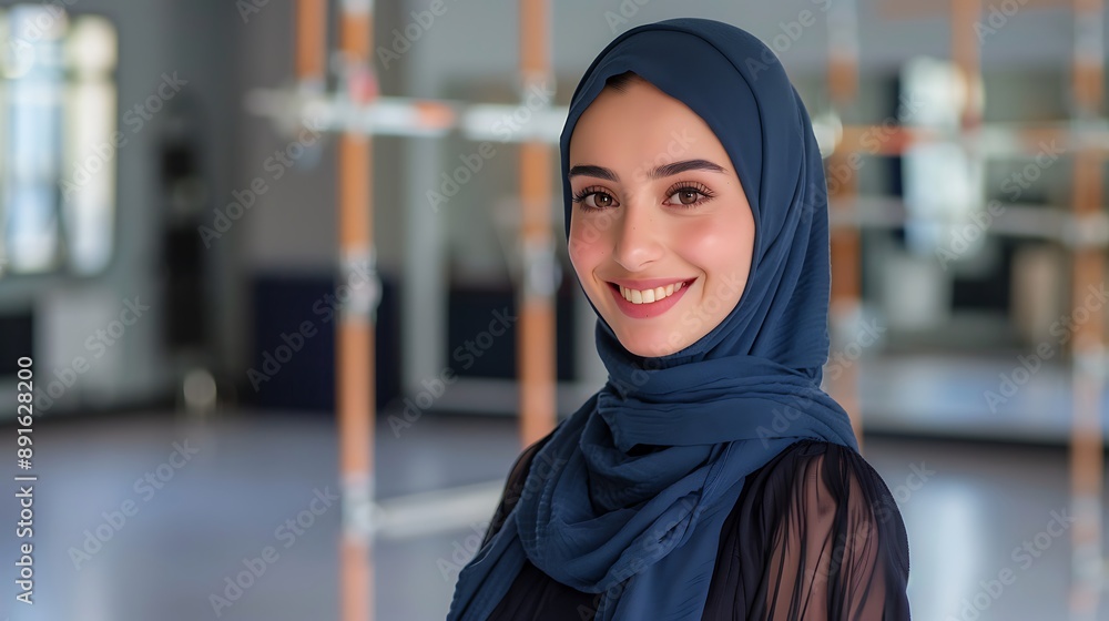 Confident female dancer in hijab and dance attire smiles at the camera ...