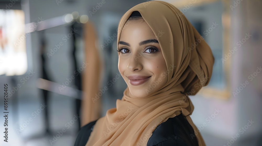 Female dancer in hijab and dance attire posing with a confident smile ...