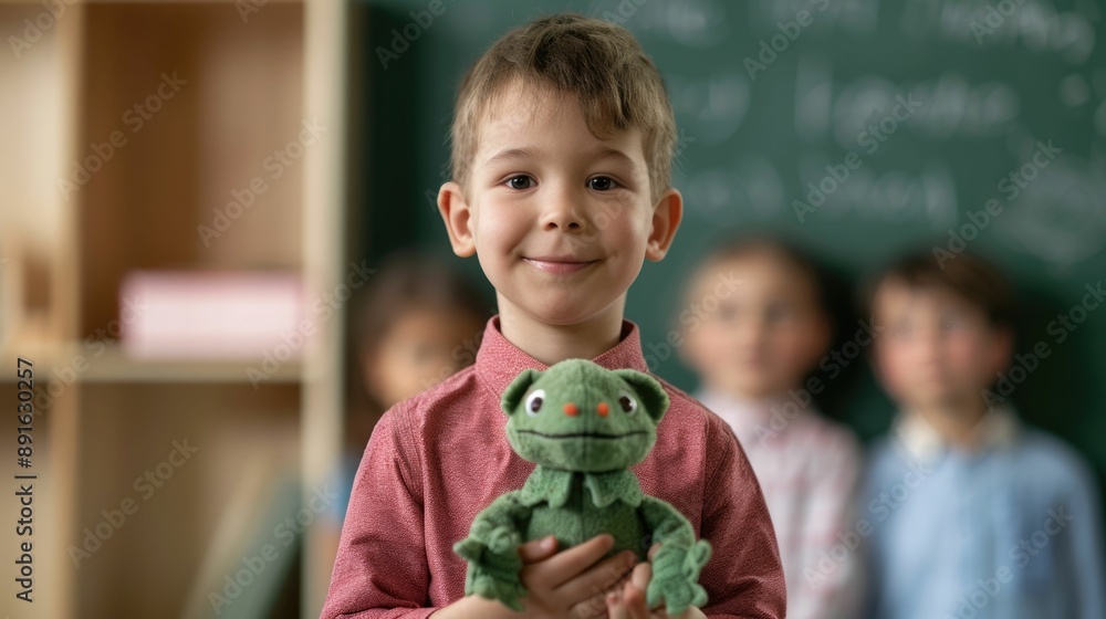 Smiling young teacher using colorful puppets to actively engage and ...