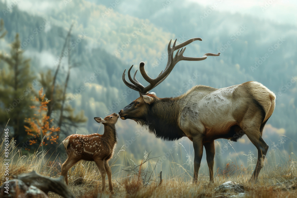 A heartwarming scene of a stag and its fawn sharing a nuzzle in a misty ...
