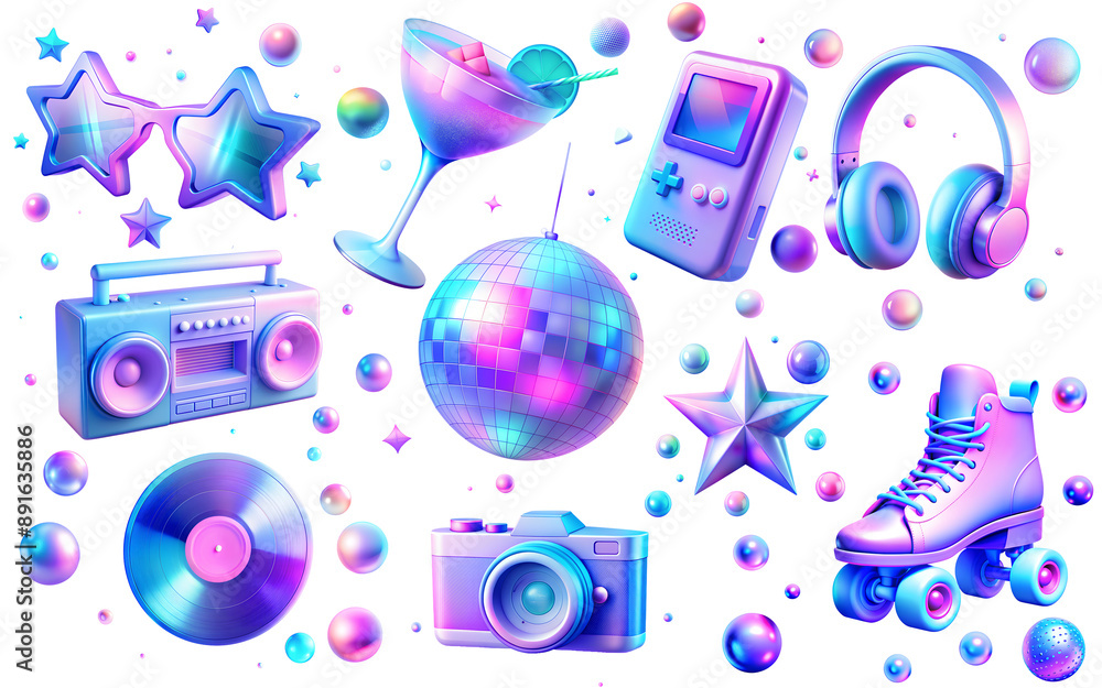 Set of icons of retro devices from the 90s in a modern 3D style ...