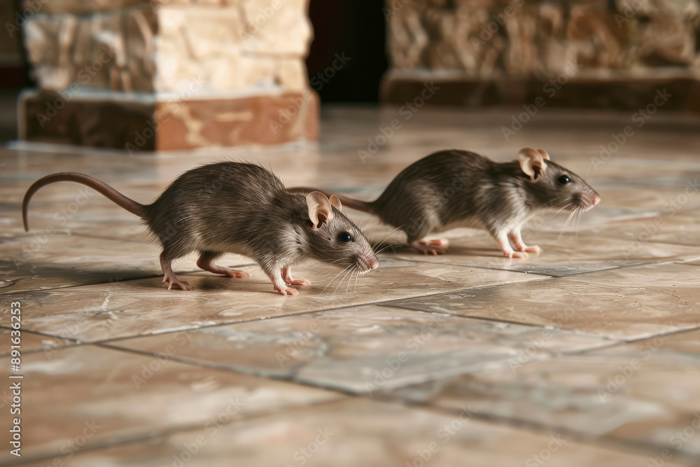 Two mice cautiously explore a tiled floor in what appears to be a ...