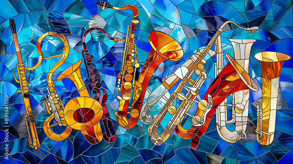 Multi-colored stained glass windows depicting musical instruments ...