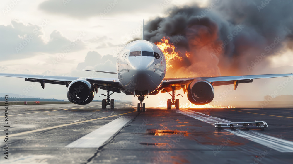 Passenger airplane with one engine ablaze and black smoke rising ...