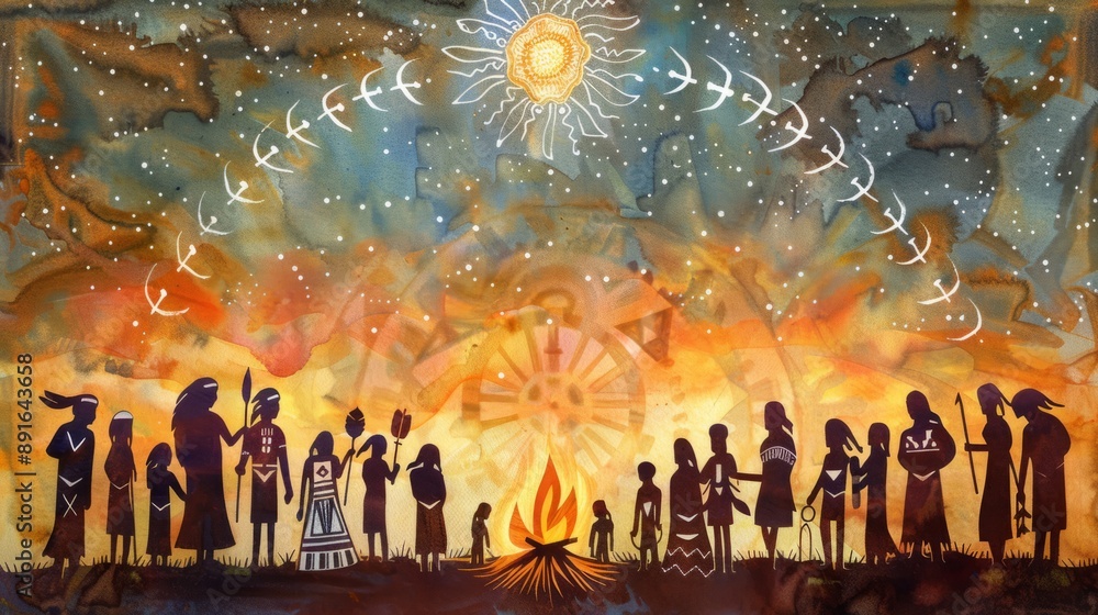 Watercolor scene of Native Americans around a campfire under a starry ...