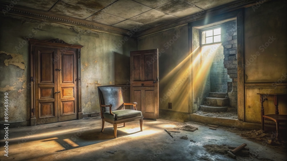 Ominous dark room with old furniture, creepy shadows, and a faint ray ...
