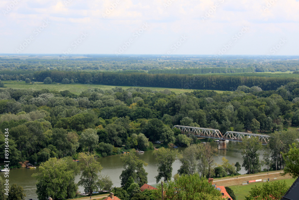 Wide Tisza river is flowing through a lush green forest, a steel truss ...
