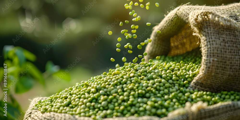 Pouring green moong dal (Vigna radiata) into a sack. Concept ...