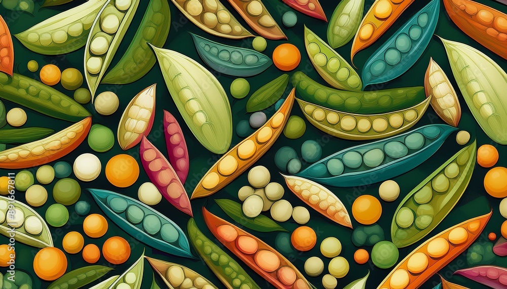 Seamless illustration of a pattern of peas of different colors and ...