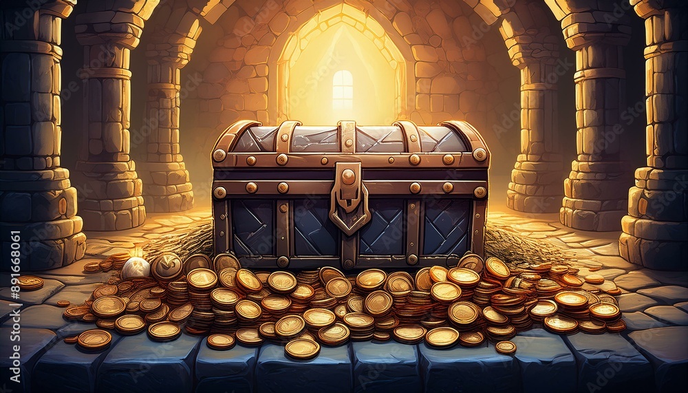 small, ornate treasure chest sits atop pile of ancient, dusty coins ...