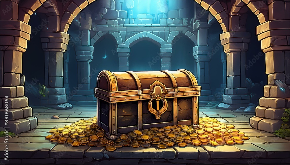 small, ornate treasure chest sits atop pile of ancient, dusty coins ...