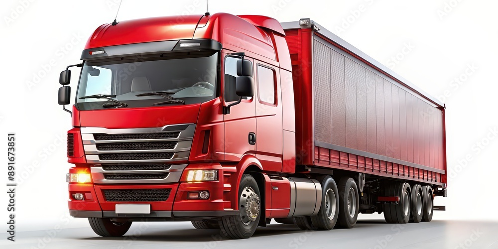 Big rig industrial red semi truck with headlights on transporting cargo ...