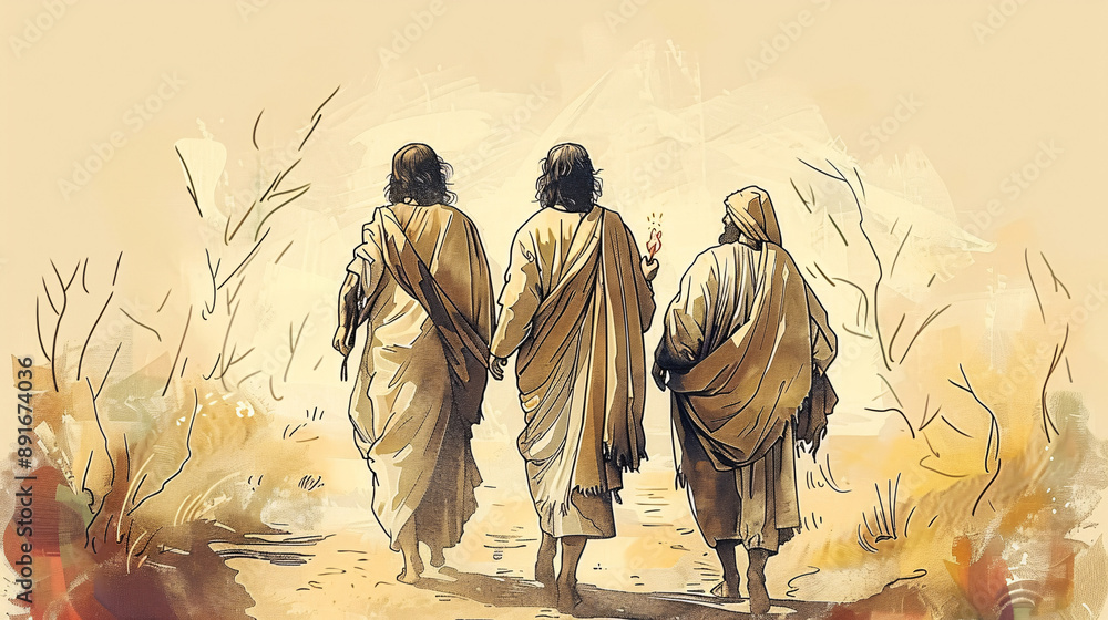 Jesus walking with disciples on the road to Emmaus, hearts burning with ...