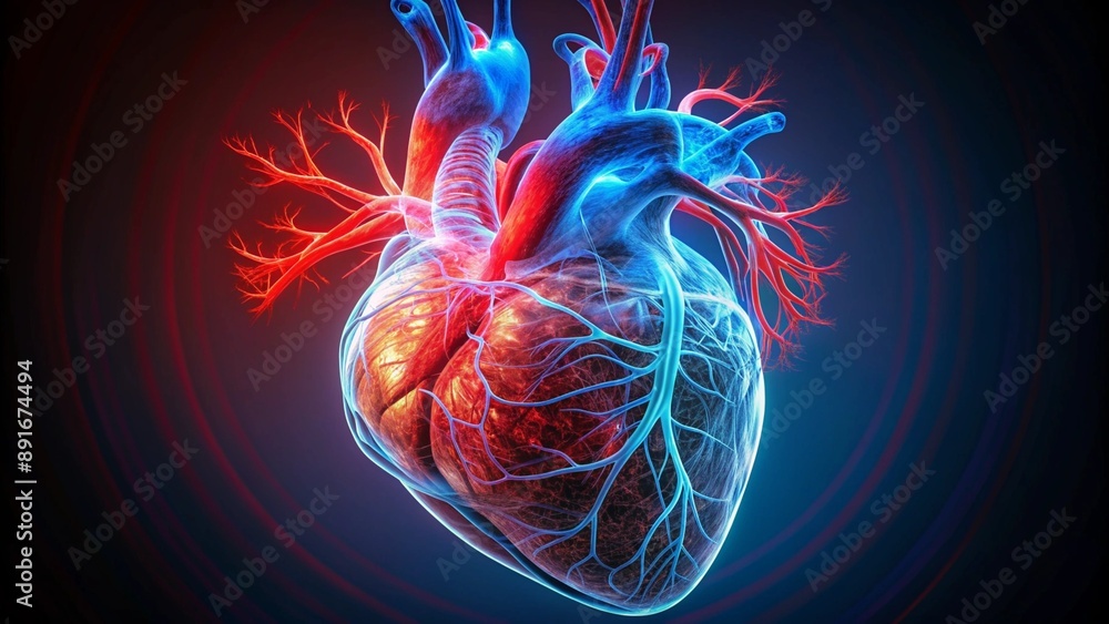 A detailed holographic projection of a human heart, displaying its ...