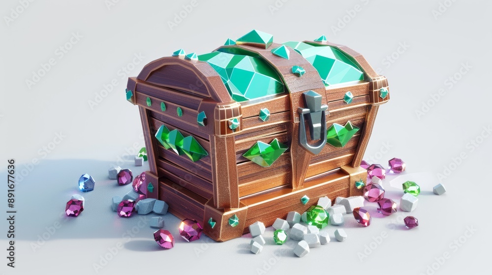 3D Render, Low Poly style of a treasure chest with emeralds and rubies ...