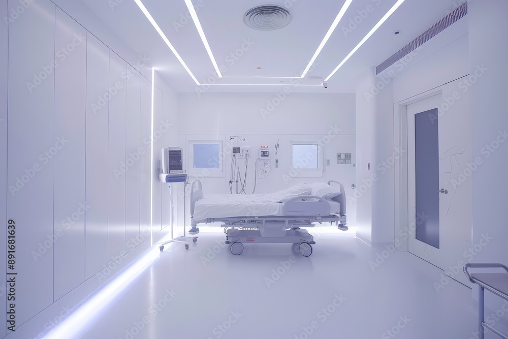 A modern hospital room with a bright white interior features a single ...