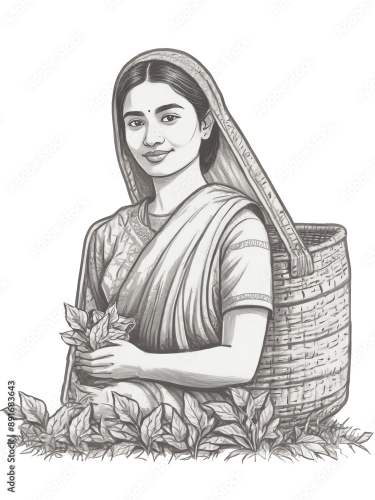 Female tea pickers harvesting leaves. Hand drawn sketch style. Sketch ...