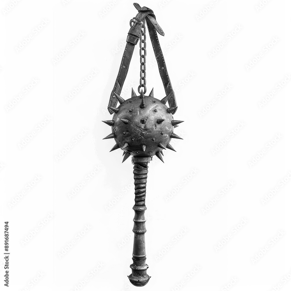 Medieval spiked flail weapon with a chain, isolated on a white ...