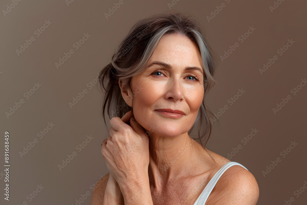 Detailed close-up of a 50-year-old woman with natural skin and no ...