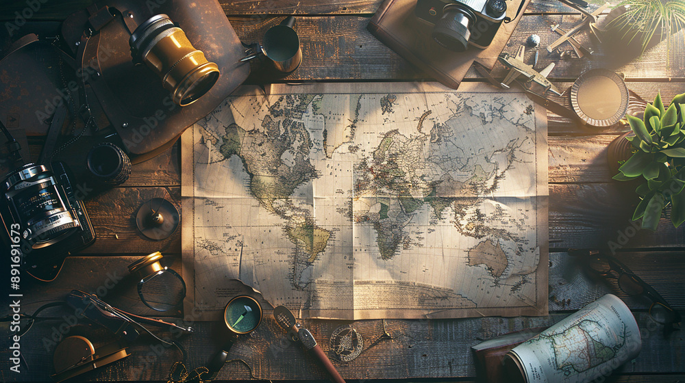 World map flat lay with various travel items, representing global ...